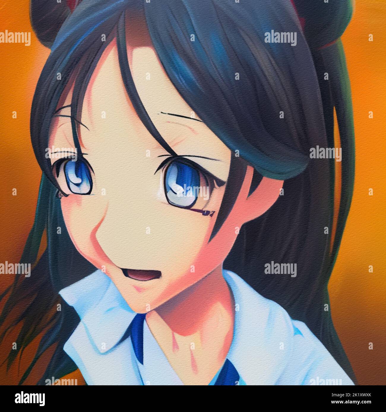 Cute anime schoolgirl portrait cartoon oil painting. Japanese girl ...