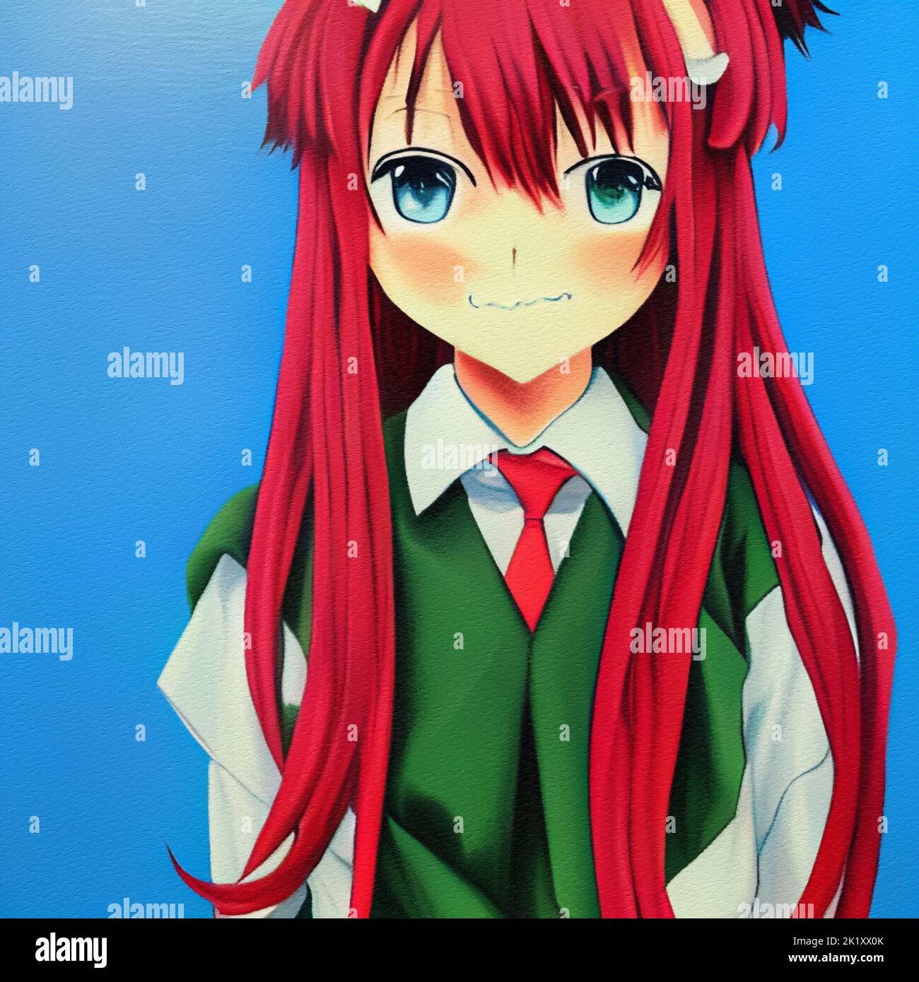 Cute anime schoolgirl portrait cartoon oil painting. Japanese girl ...