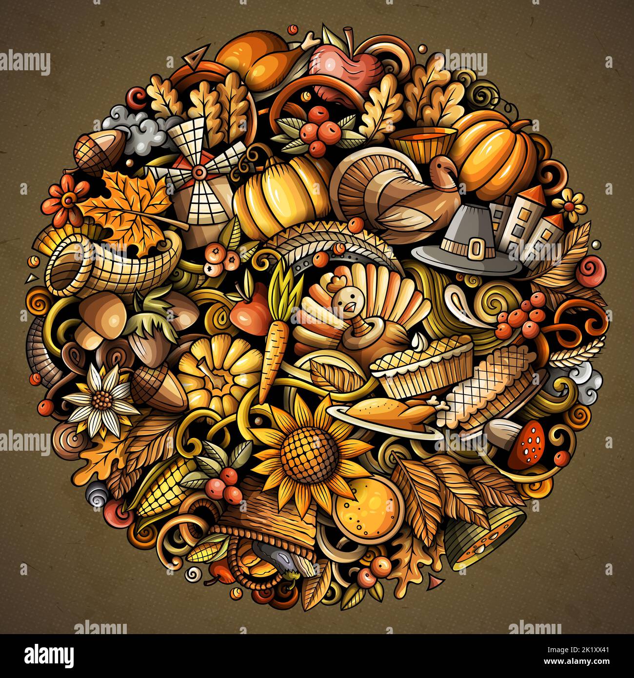 Cartoon digital doodles Happy Thanksgiving Day illustration Stock Photo ...