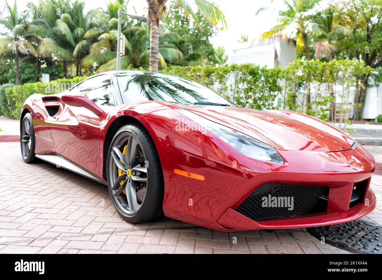 Miami Beach, Florida USA - April 18, 2021: red Ferrari 488 GTB, corner ...