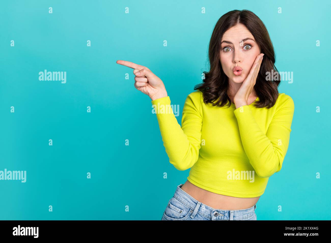 Photo of young nice pretty cute woman touch cheeks pouted lips ...