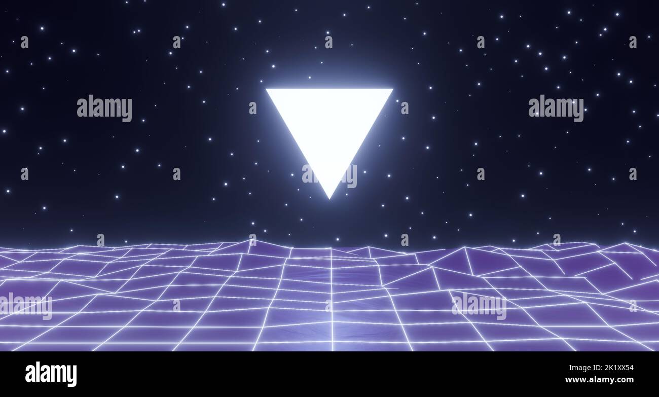 3d render, neon glowing geometric shape, retro wireframe poster Stock ...