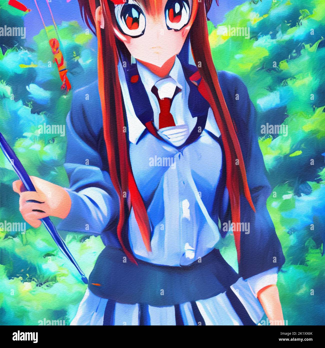 Cute anime schoolgirl portrait cartoon oil painting. Japanese girl ...