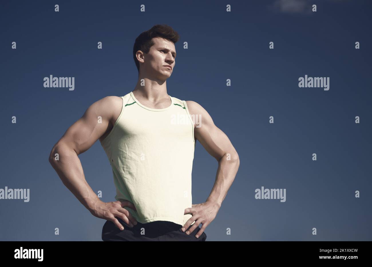 Fitness model with muscular hands, biceps, triceps, muscles Stock Photo ...
