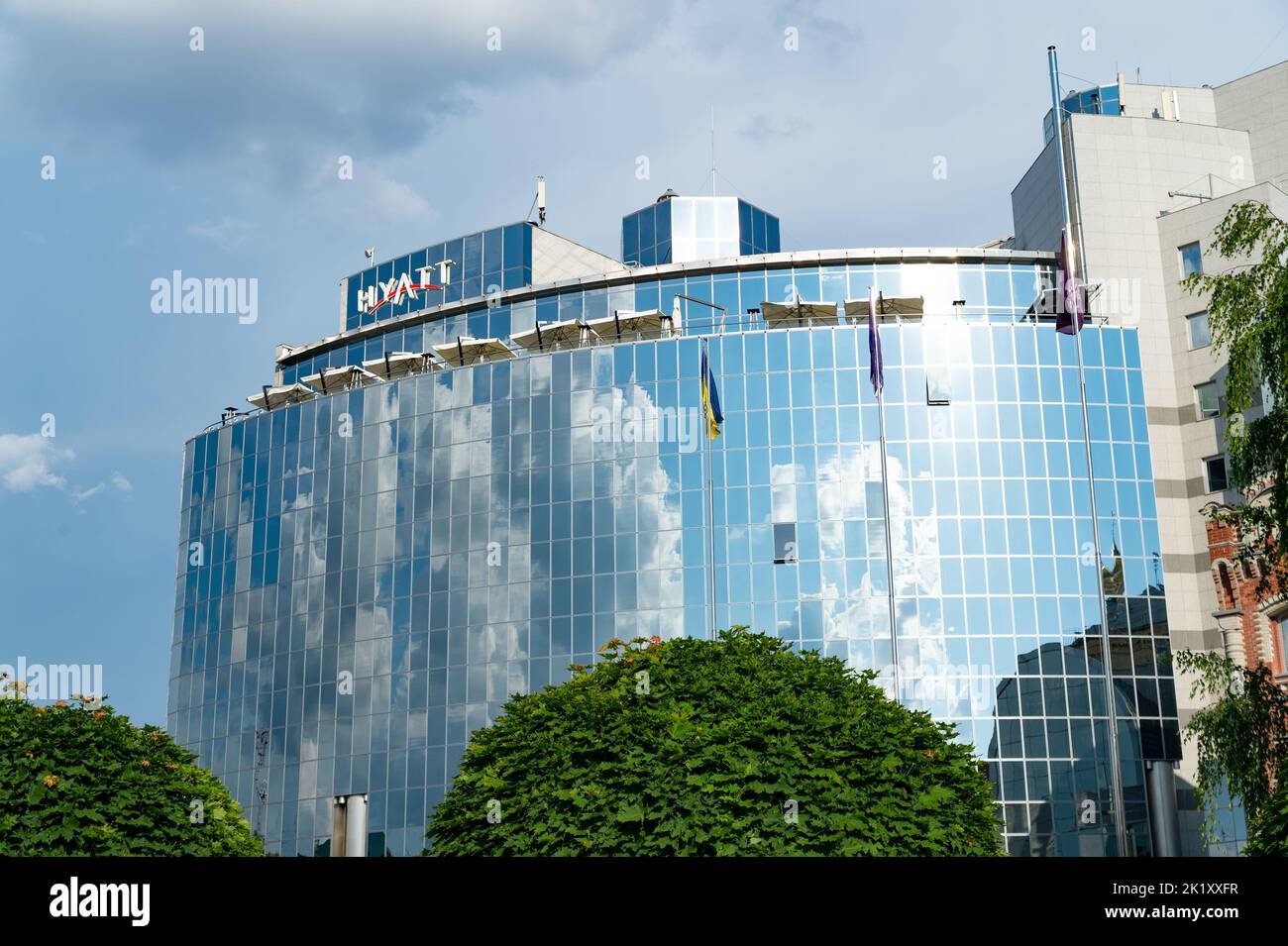 Kyiv, Ukraine - May 31, 2015: Hyatt hotel building with cloudy sky ...