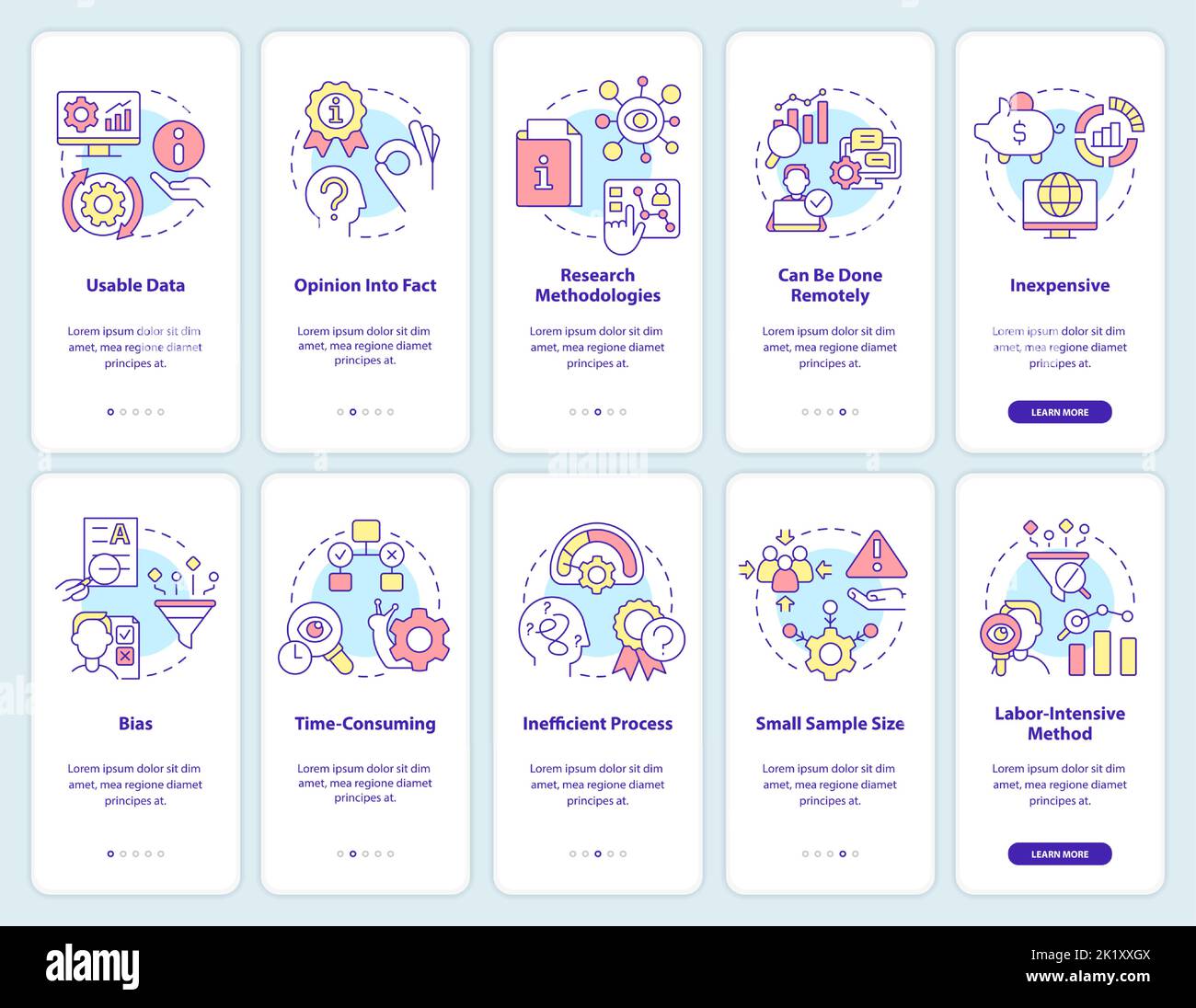 Pros and cons of case study onboarding mobile app screen set Stock ...