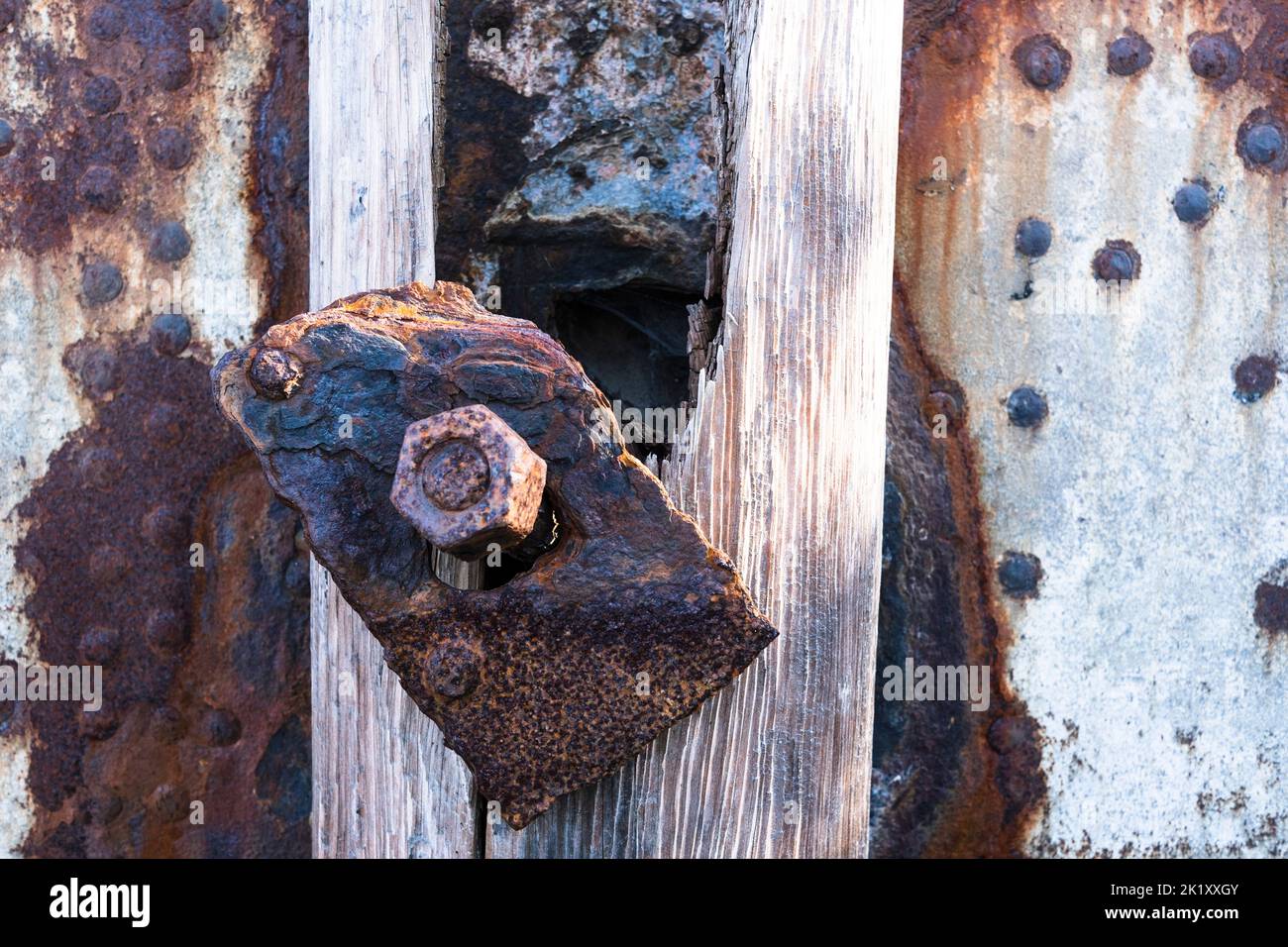 Rusty old weathered crumbling textured iron and steel sea defence Stock ...