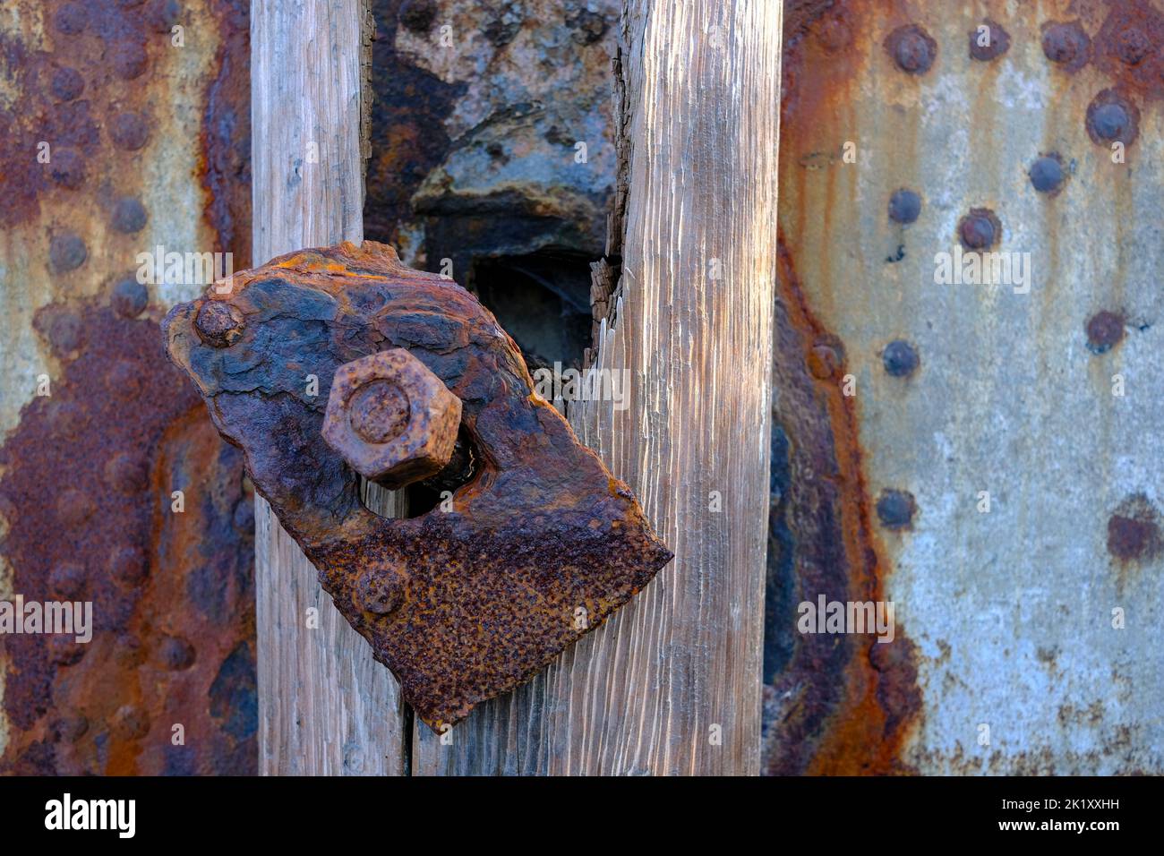 Rusty old weathered crumbling textured iron and steel sea defence Stock ...