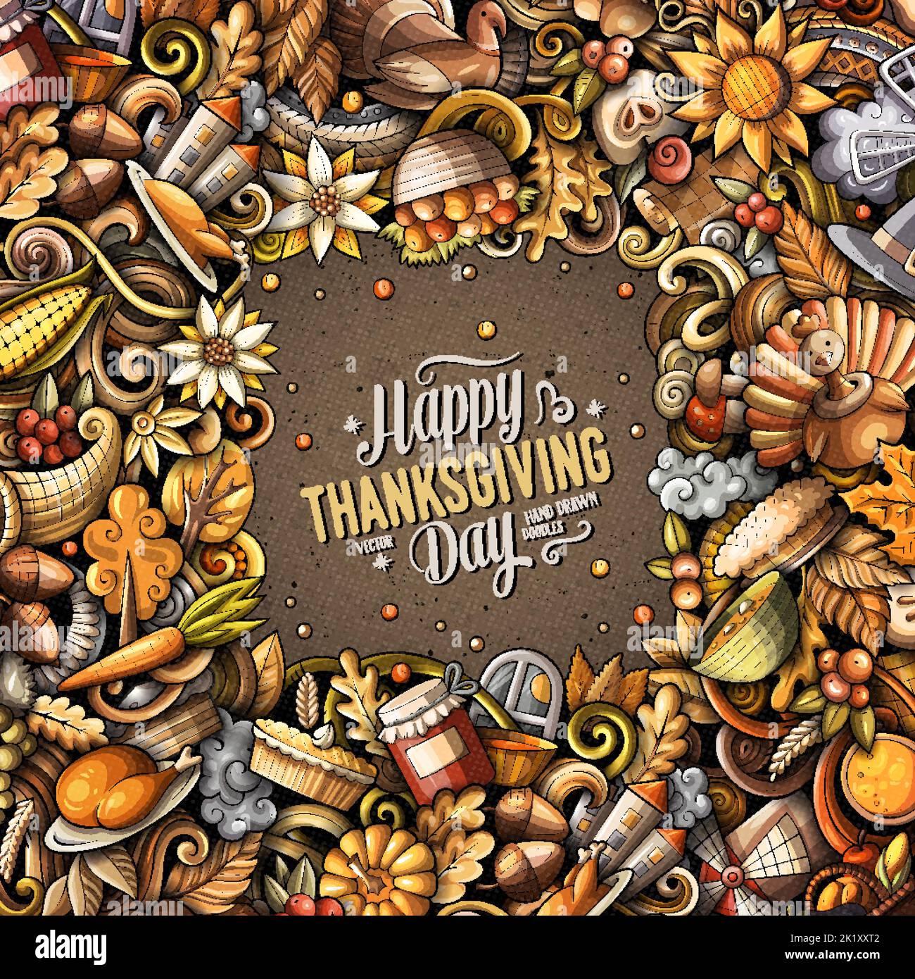Cartoon digital doodles Happy Thanksgiving Day frame Stock Vector Image ...