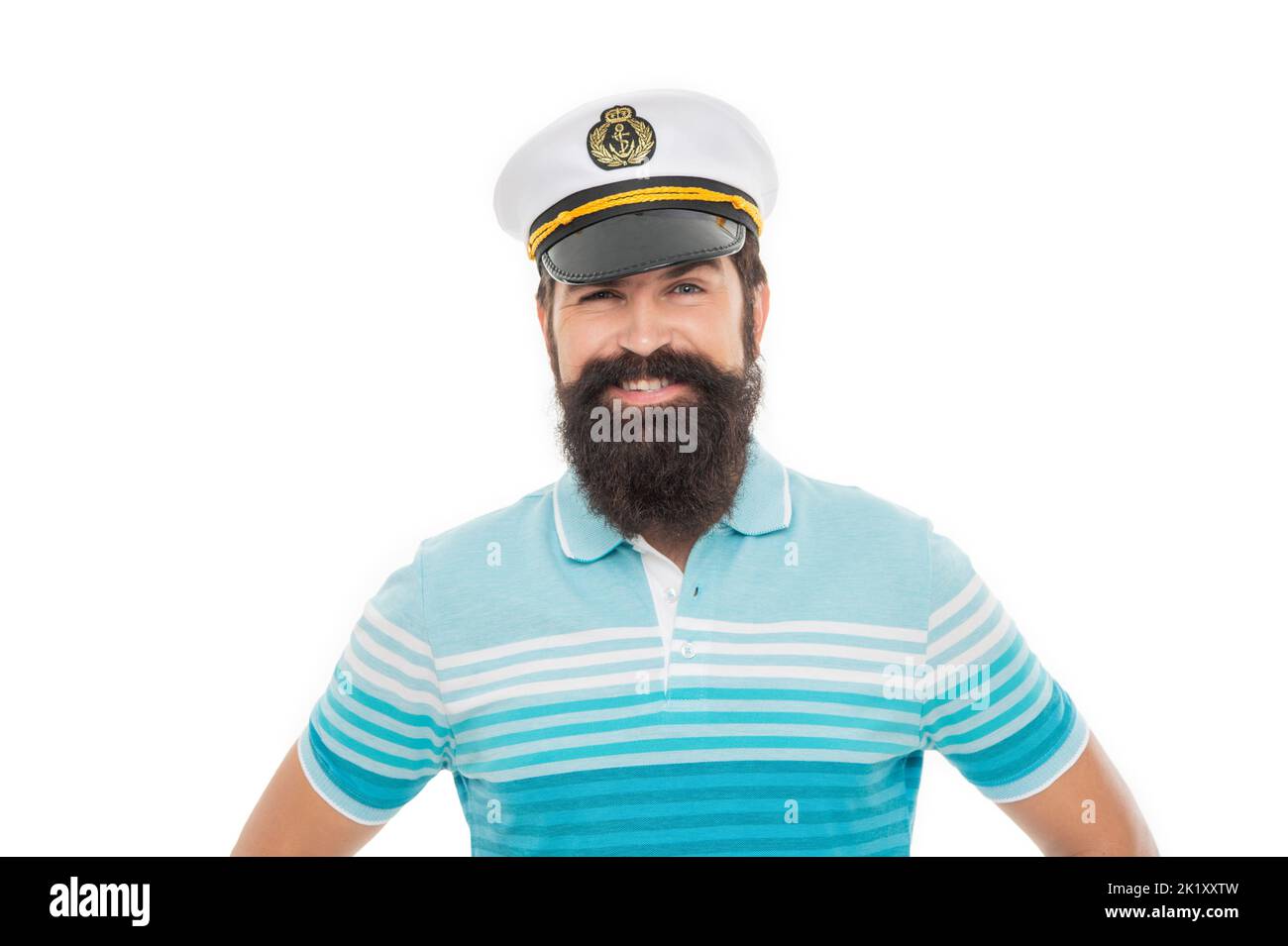 Happy man portrait. Bearded man smiling in captain hat. Man sailor face ...