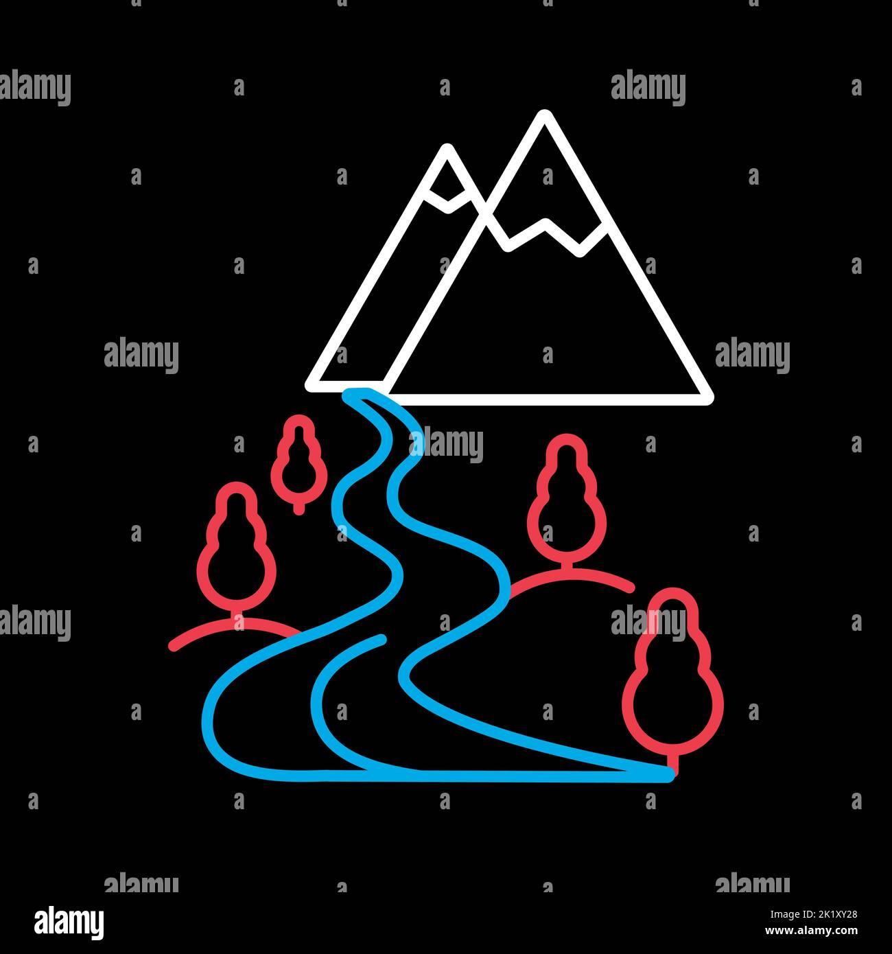 Mountain and river vector isolated on black background icon. Nature ...