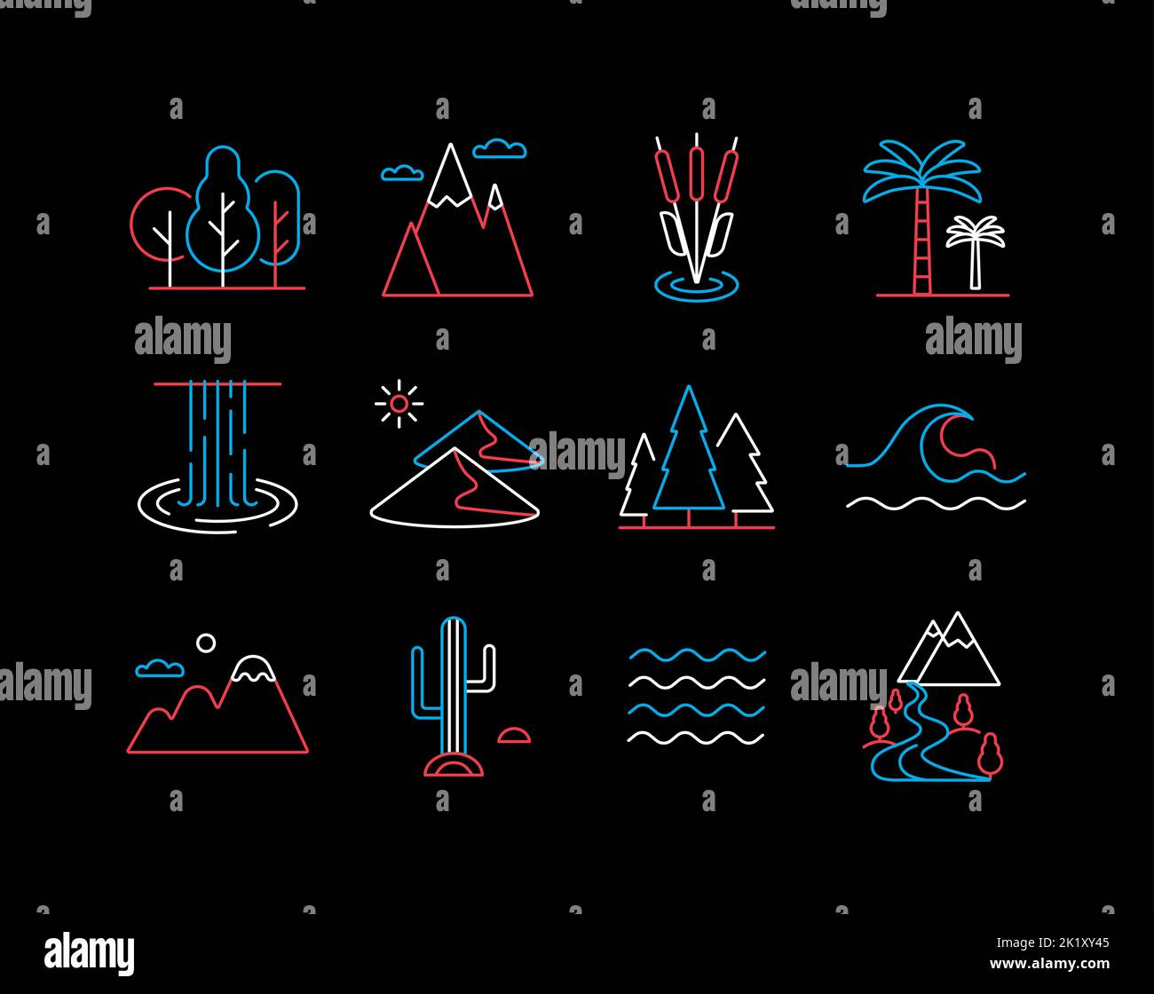Vector nature isolated on black background icons set. desert, mountains ...