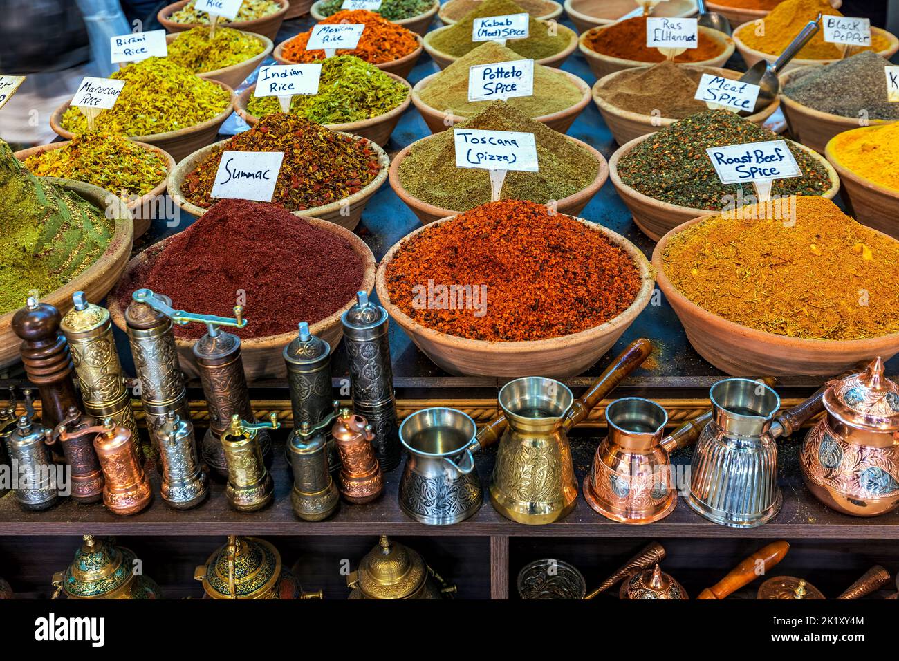 Traditional spices and artisanal kitchen utensils on famous market in ...