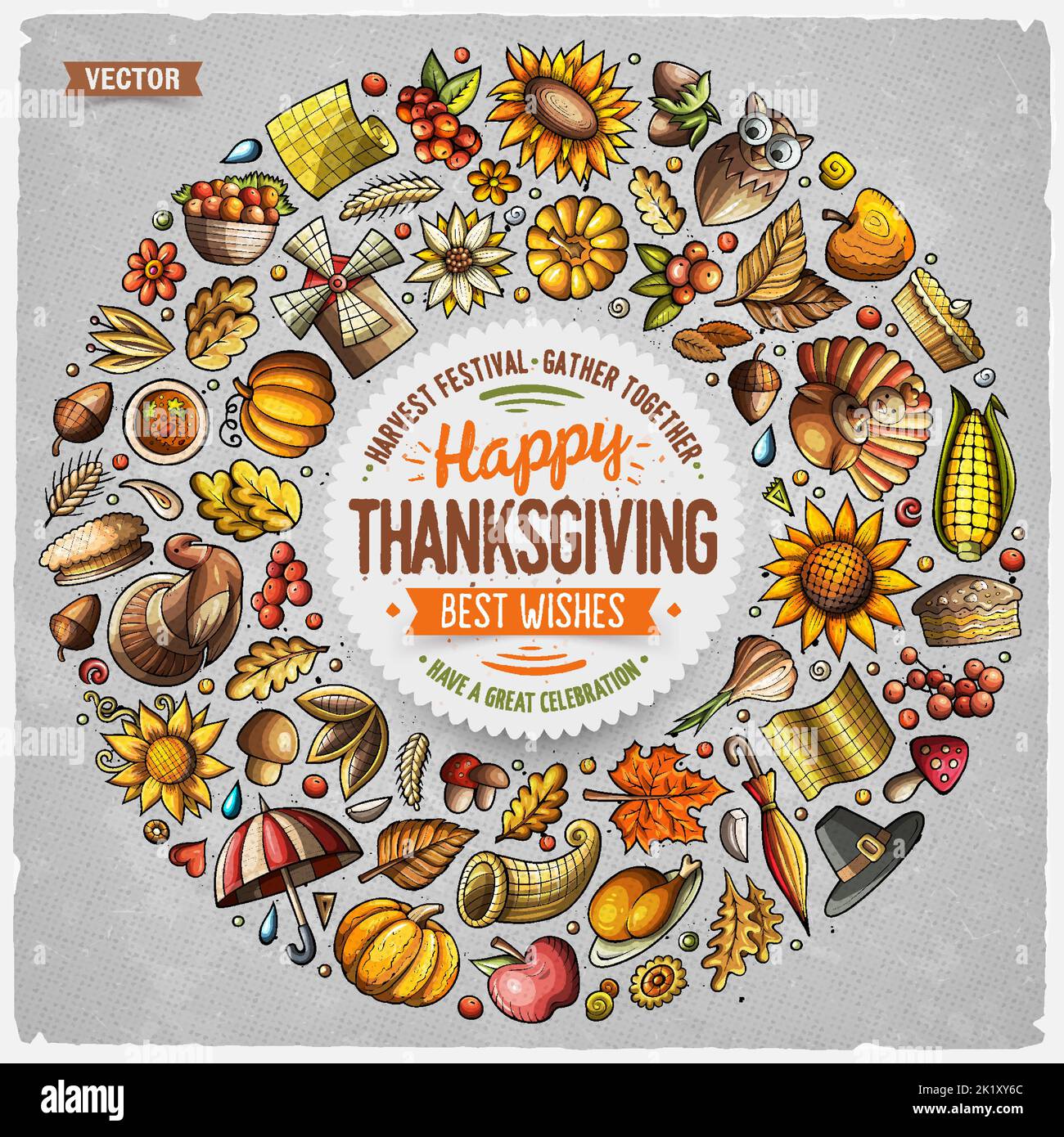 Set of Happy Thanksgiving cartoon doodle objects, symbols and items ...