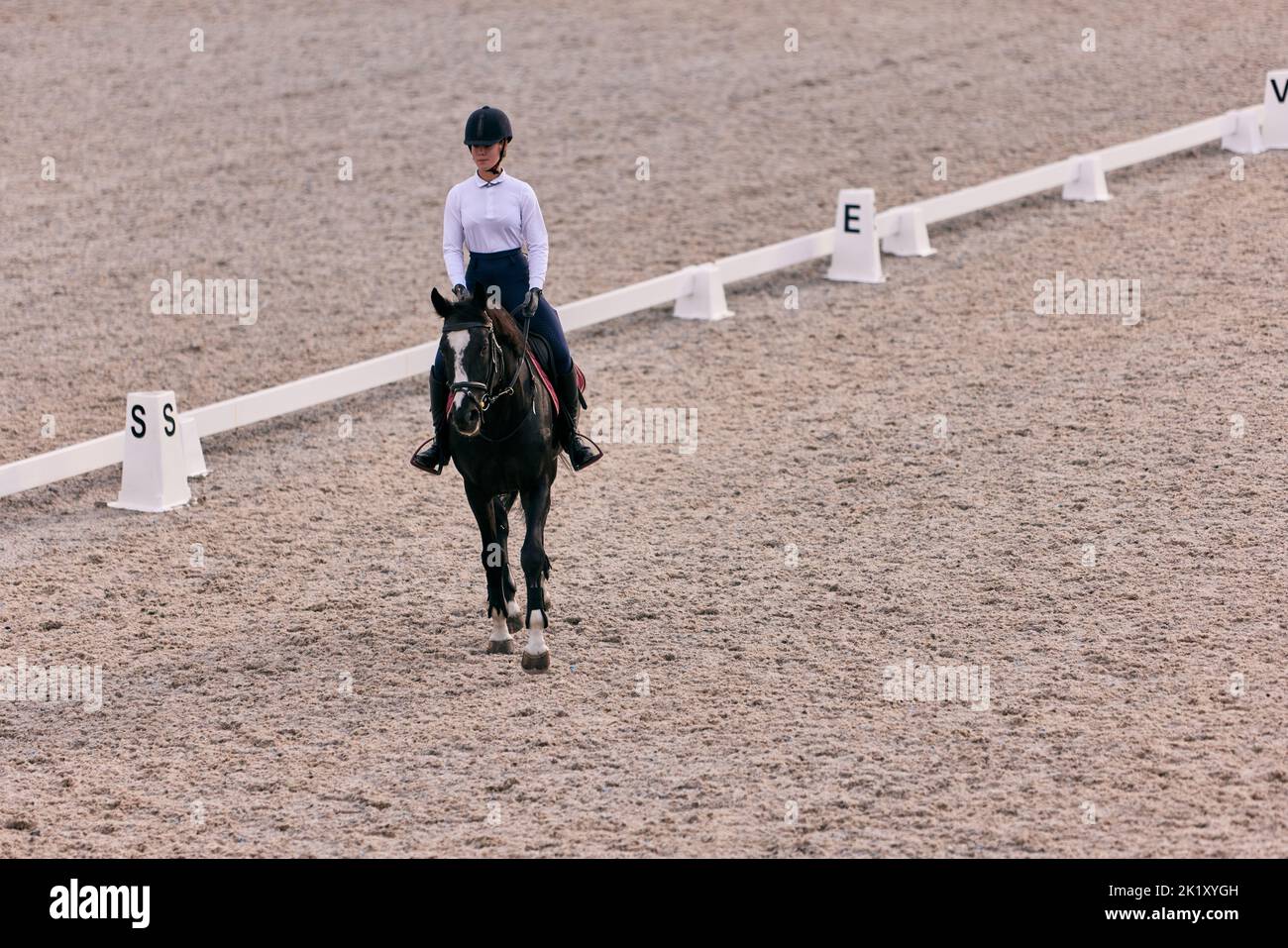 Aerial view. Female rider on horseback riding trot around the sandy ...