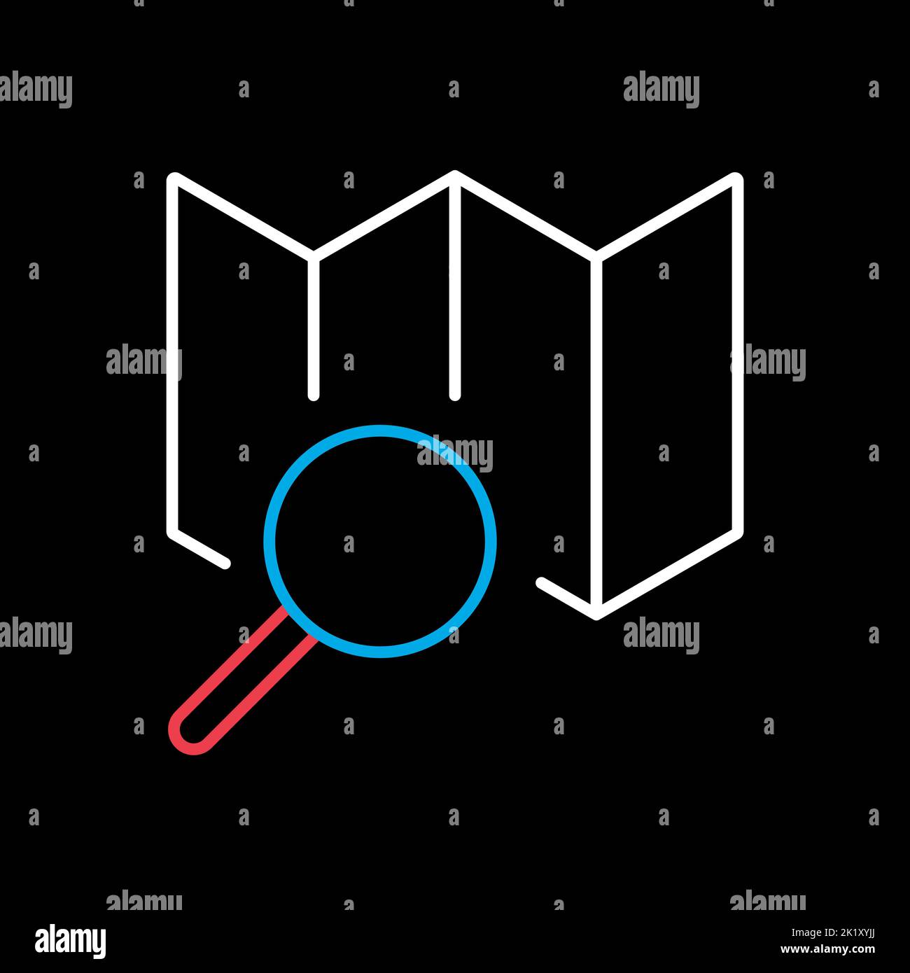 Map with magnifier vector isolated on black background icon. Navigation ...