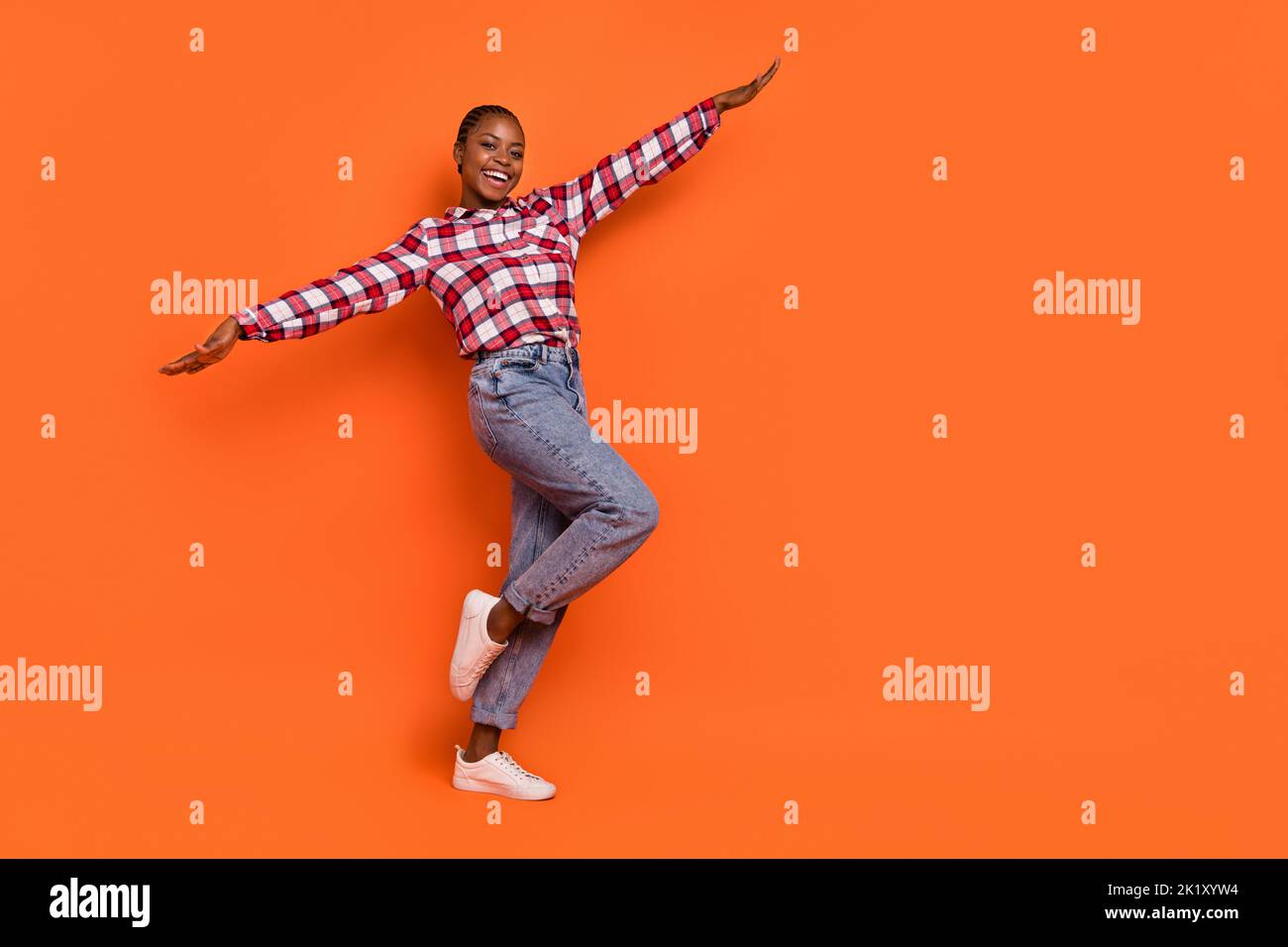 Full body photo of cheerful pretty person raise hands flight have good ...