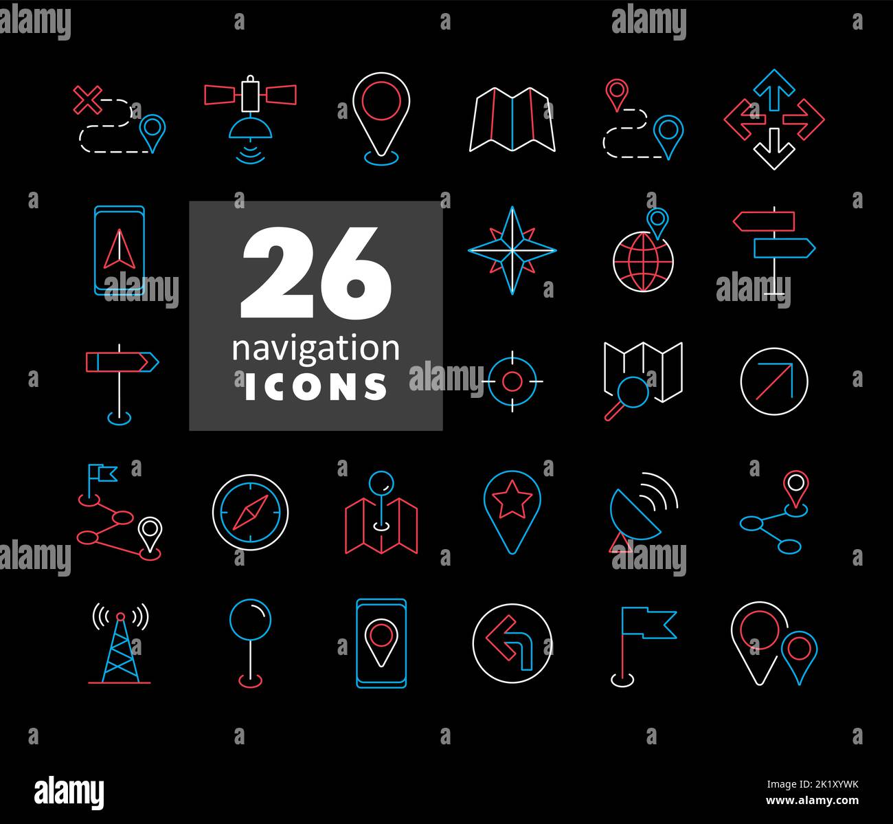 Maps, location, navigation vector isolated on black background icons ...