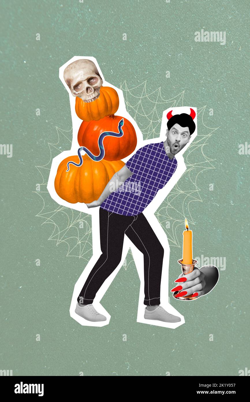 Collage 3d image of pinup pop retro sketch of impressed devil guy ...