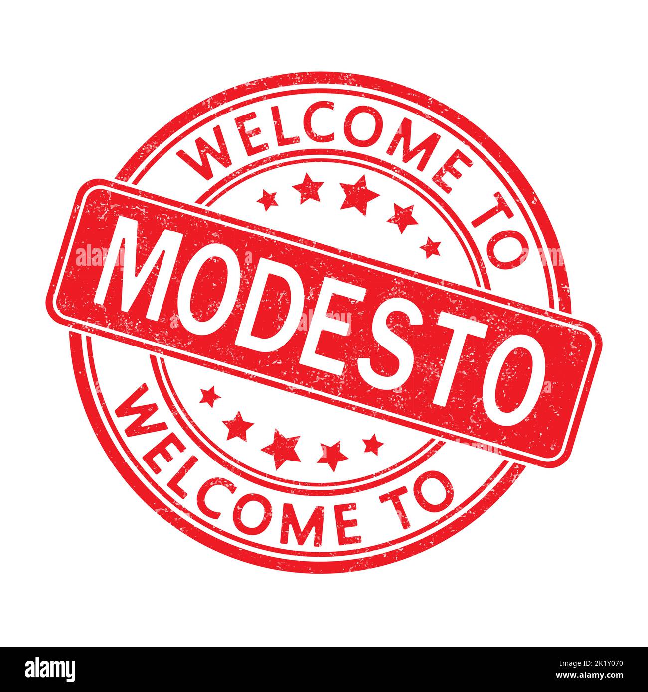 Welcome to MODESTO. Impression of a round stamp with a scuff. Flat ...