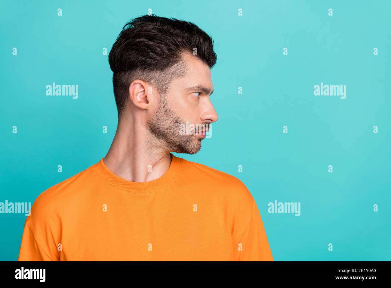 Side profile photo of young attractive handsome bearded serious look ...