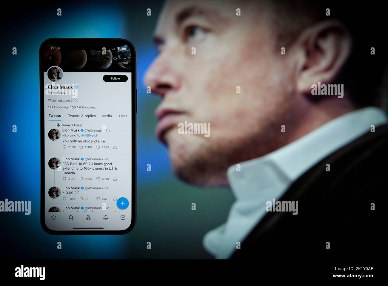 The Twitter profile page belonging to Elon Musk is seen on an Apple ...