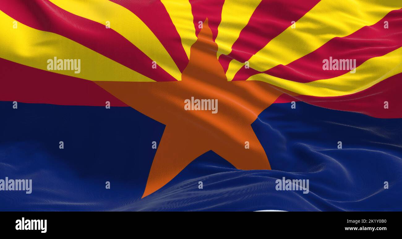 Close-up view of the Arizona state flag waving in the wind. Arizona is ...
