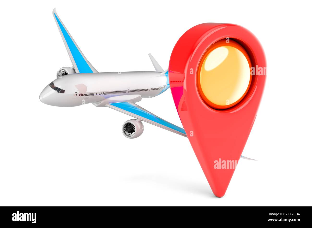 Map pointer with airplane. Airport location concept. 3D rendering ...
