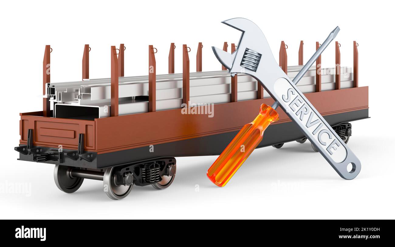 Railroad car full of rolled metal products with screwdriver and wrench ...