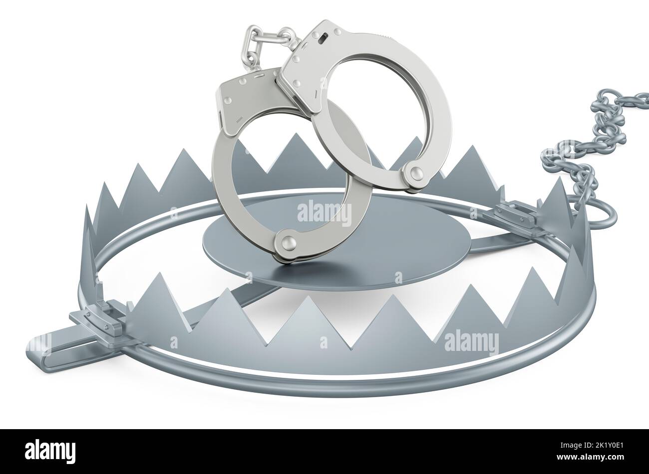 Handcuffs inside bear trap, 3D rendering isolated on white background ...