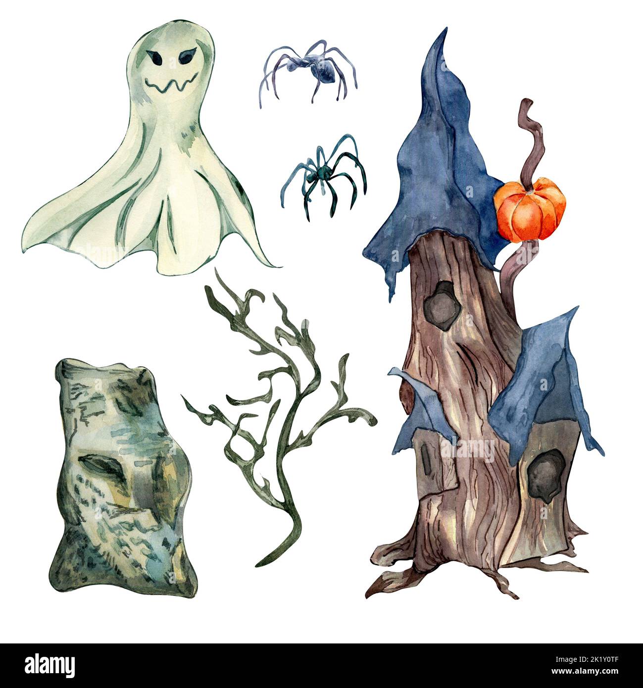 Halloween set of cute house, ghost watercolor illustration isolated on ...