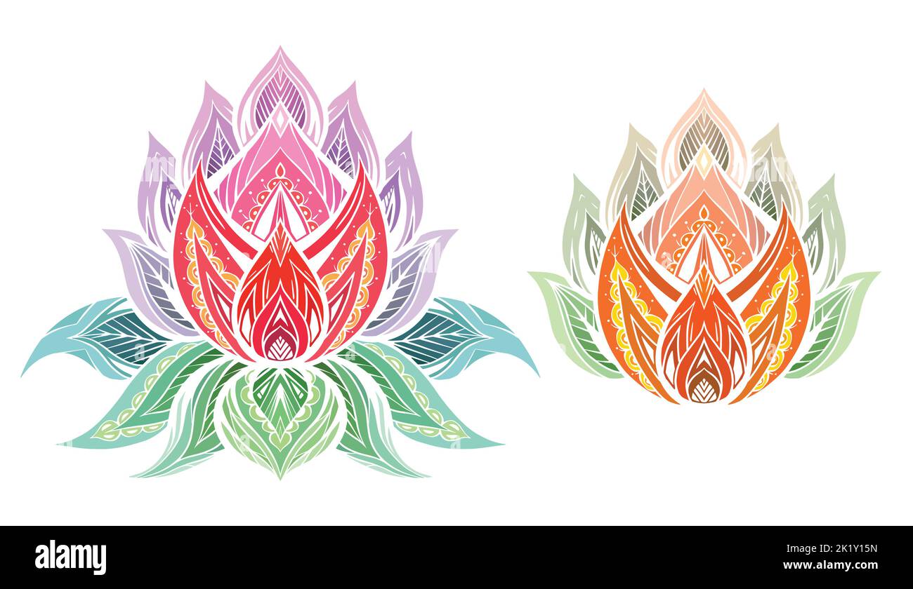 Vector set of colorful sacred lotuses illustration with boho ornament ...