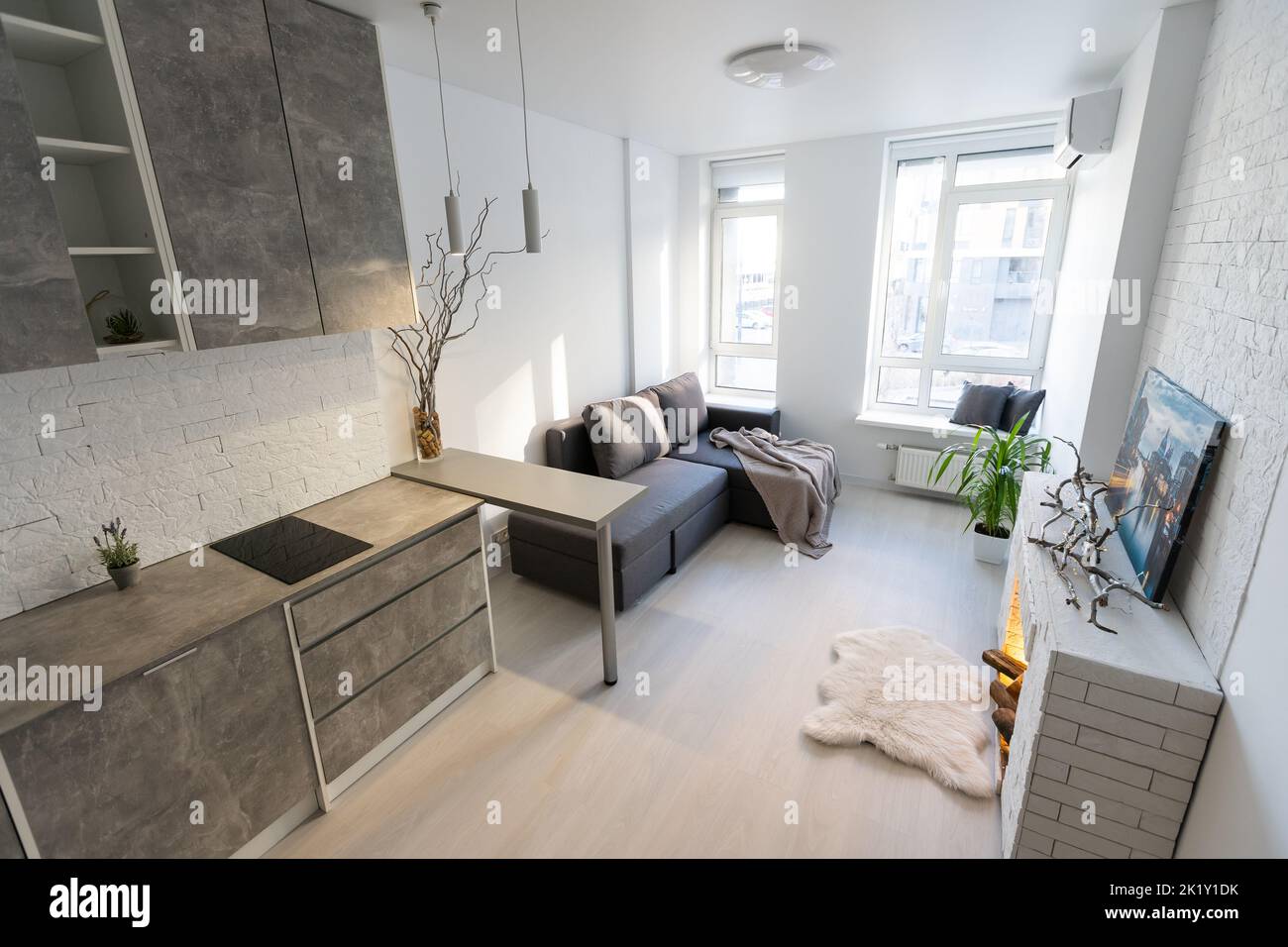 Modern minimalistic dark gray loft style studio apartment interior ...