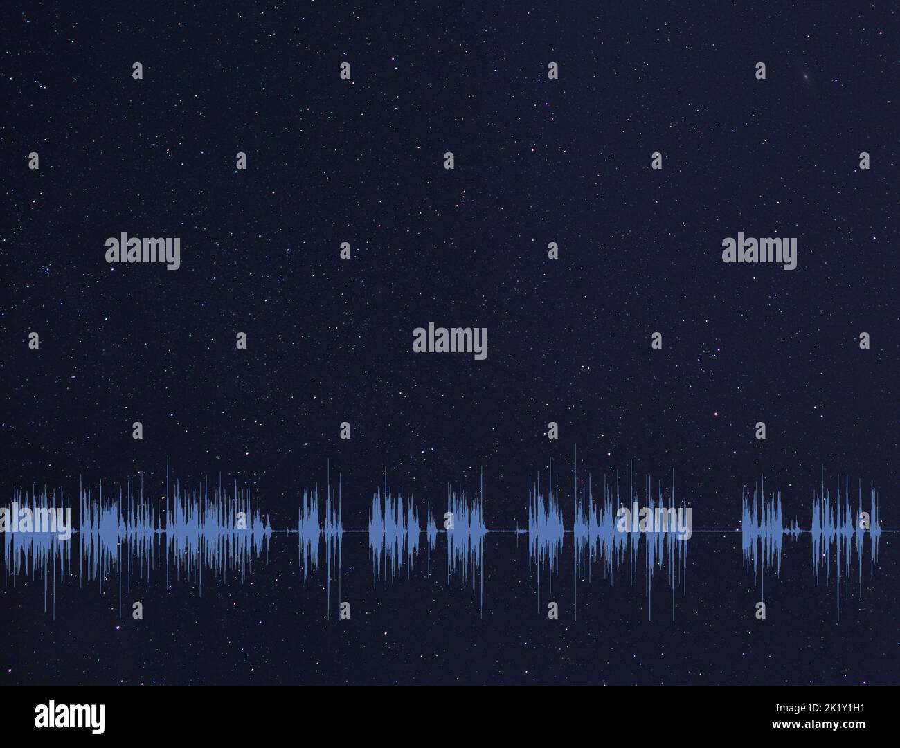 3D rendering with bright stars in the sky with an oscillogram in front ...