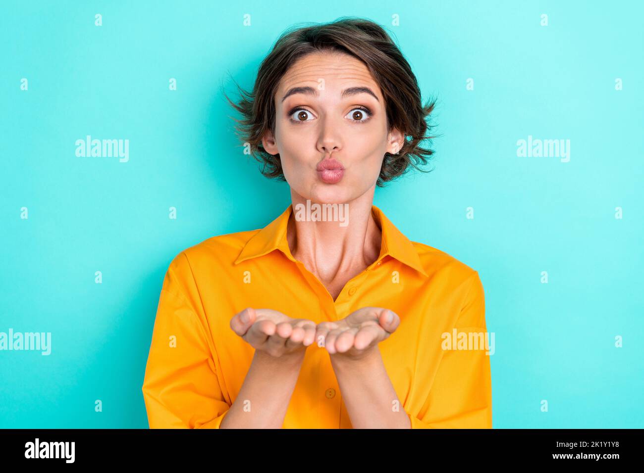 Portrait Of Girlish Adorable Gorgeous Girl Bob Hairstyle Wear Orange