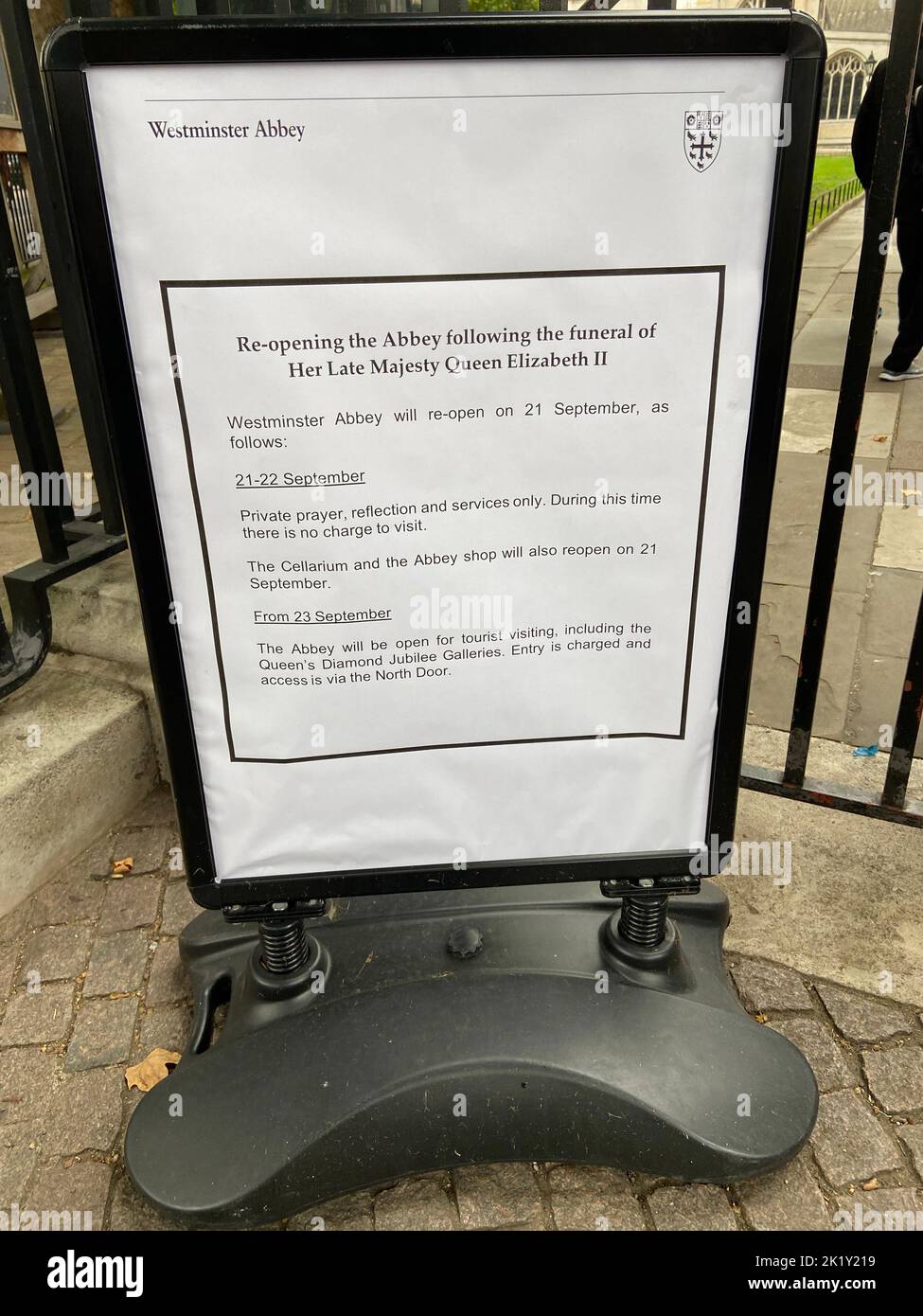 Signage outside Westminster Abbey in London which has reopened for the ...