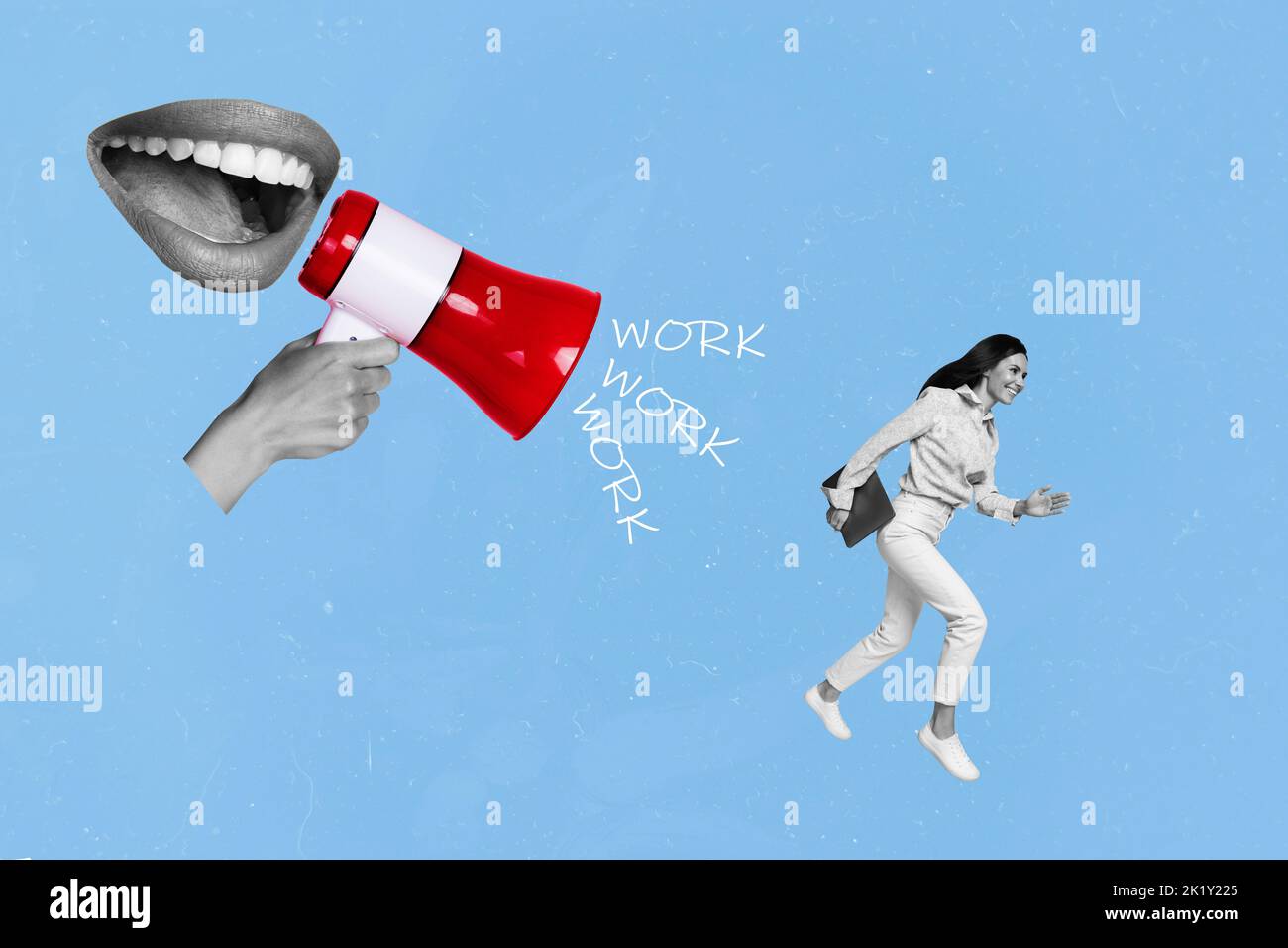 Exclusive minimal magazine sketch collage of big hand hold loudspeaker ...