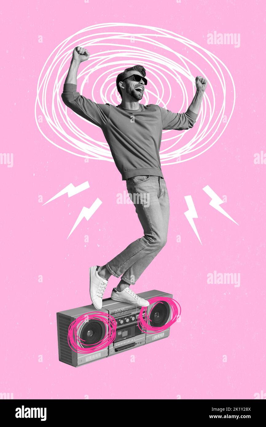 Collage photo of young dancing attractive swag listen music celebrating ...