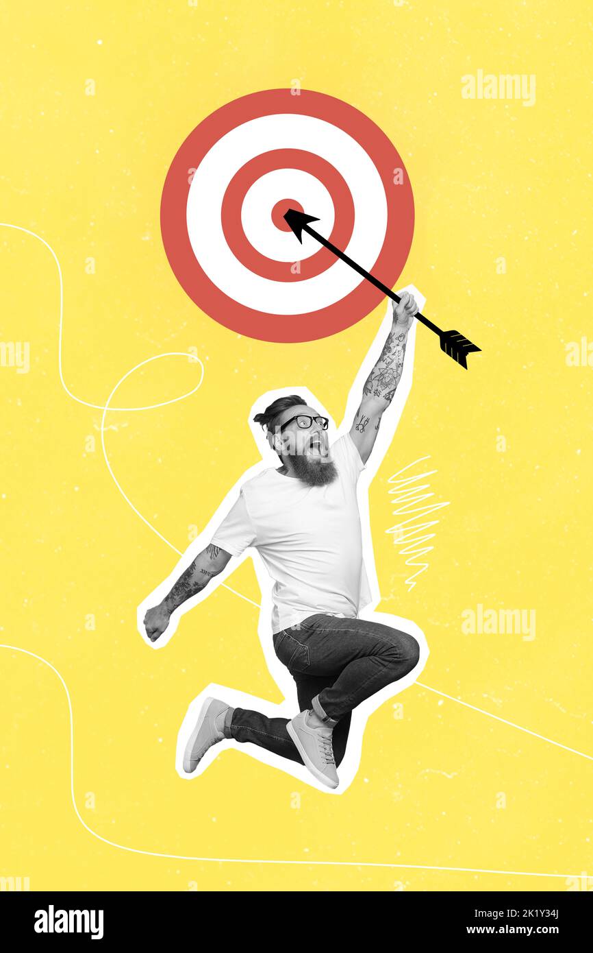 Collage photo of young funny crazy man excited jump hold player darts ...