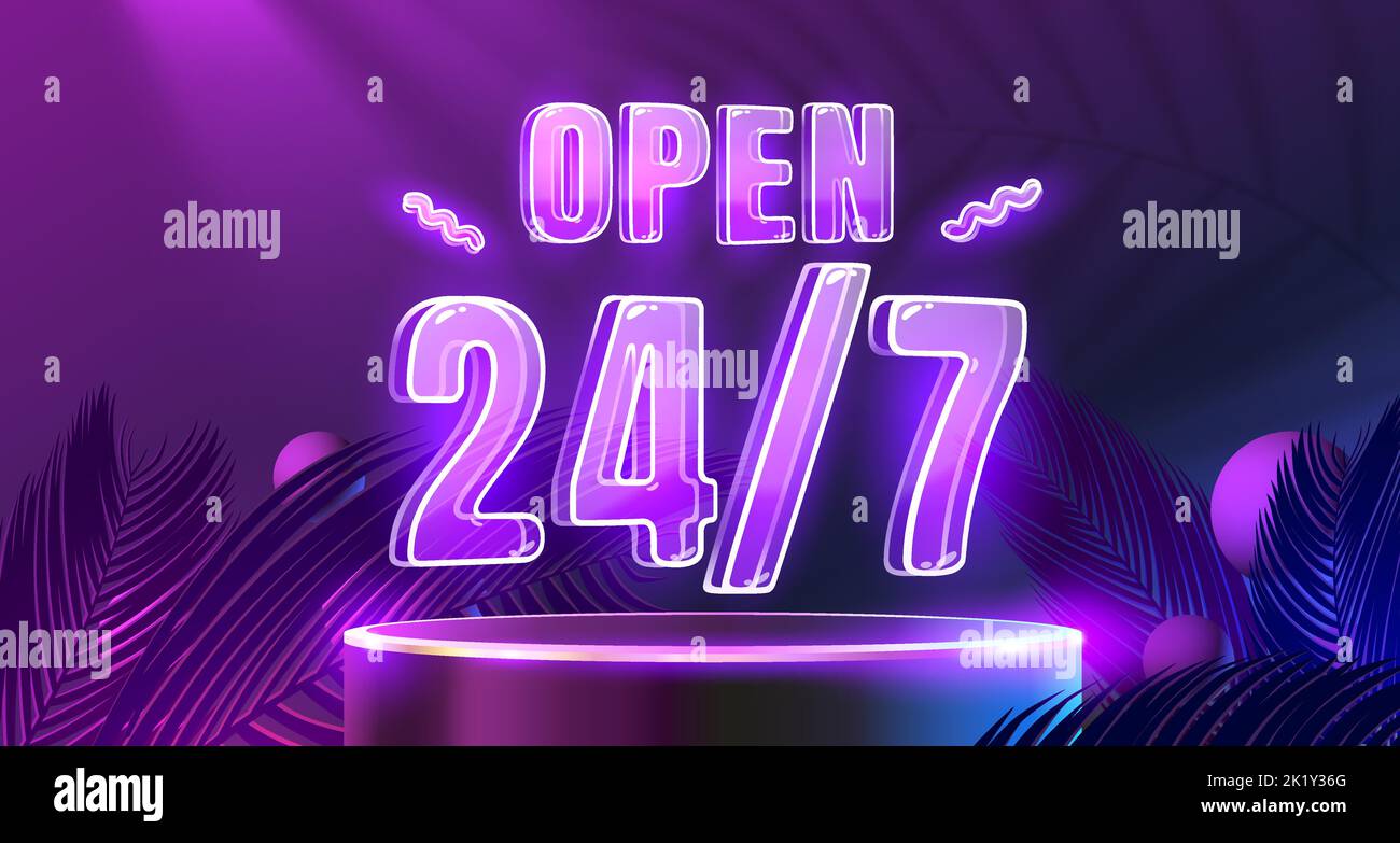 Neon banner open time, 24 hours poster, city signboard. Vector ...