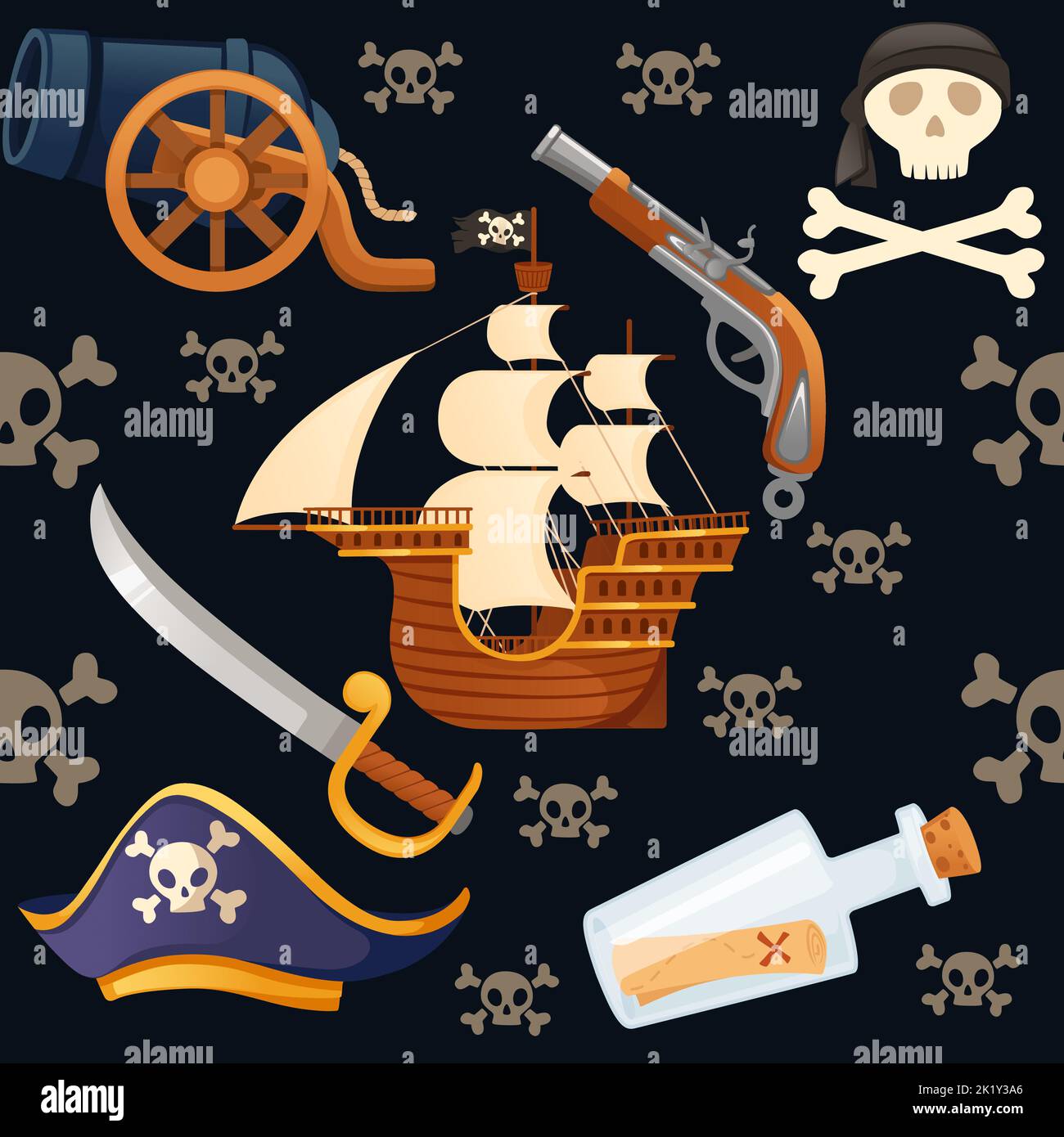 Seamless pattern of pirate theme with ship skull and weapon vector ...