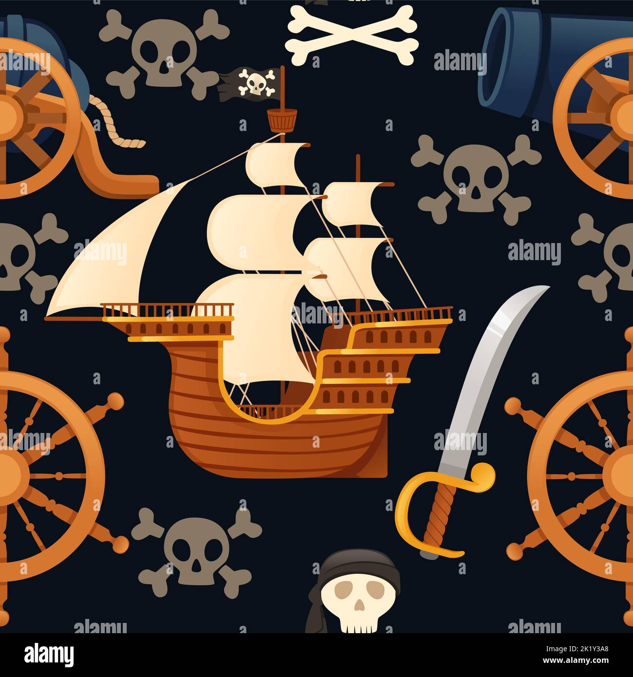 Seamless pattern of pirate theme with ship skull and weapon vector ...