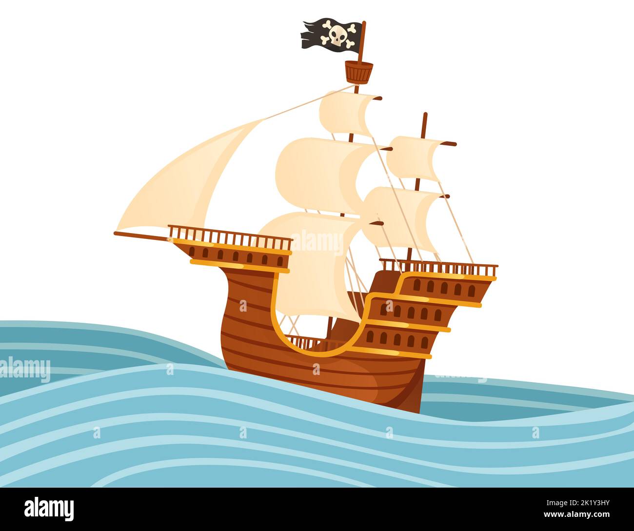 Wooden medieval pirate ship with white sails and black pirate flag ...