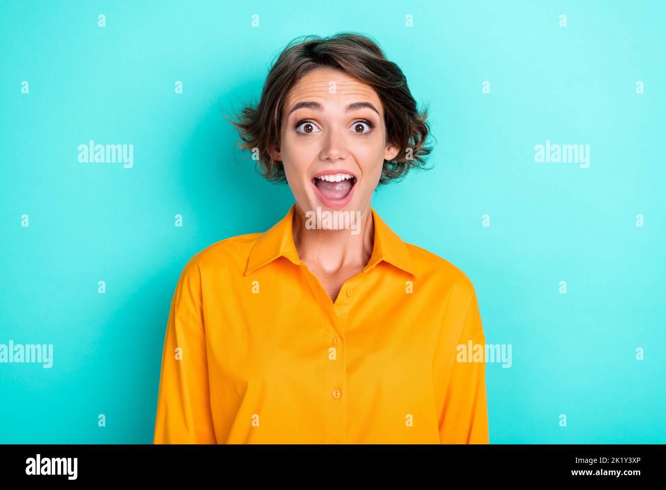 Closeup photo of young crazy funny attractive lady open mouth ...