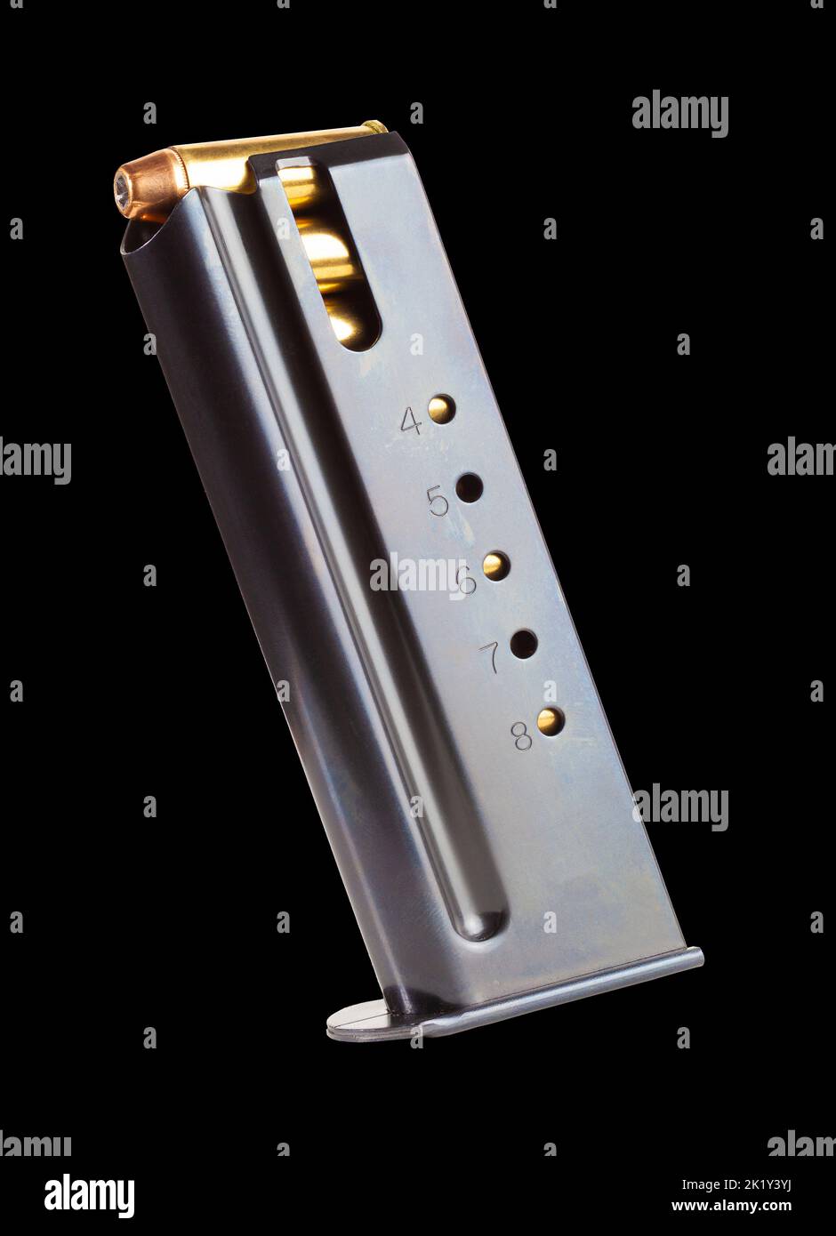 Fully loaded semi auto pistol magazine on a black background Stock ...
