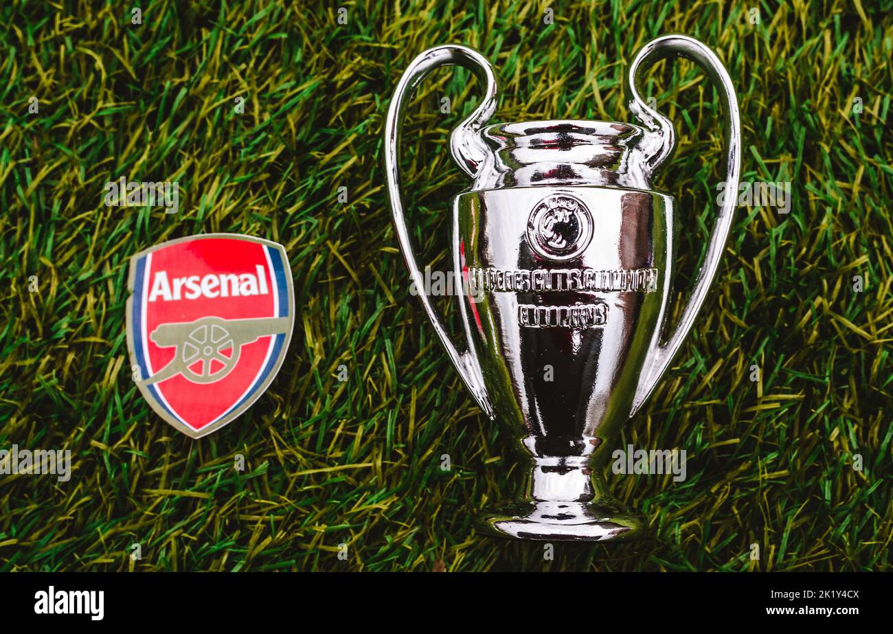 April 21, 2021, Moscow, Russia. The emblem of the football club Arsenal ...