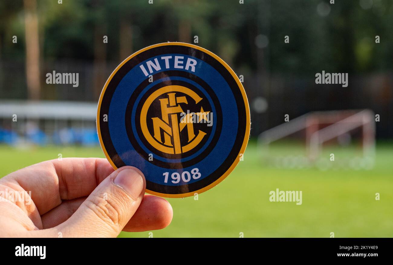 August 30, 2021, Moscow, Russia. The emblem of the football club Inter ...