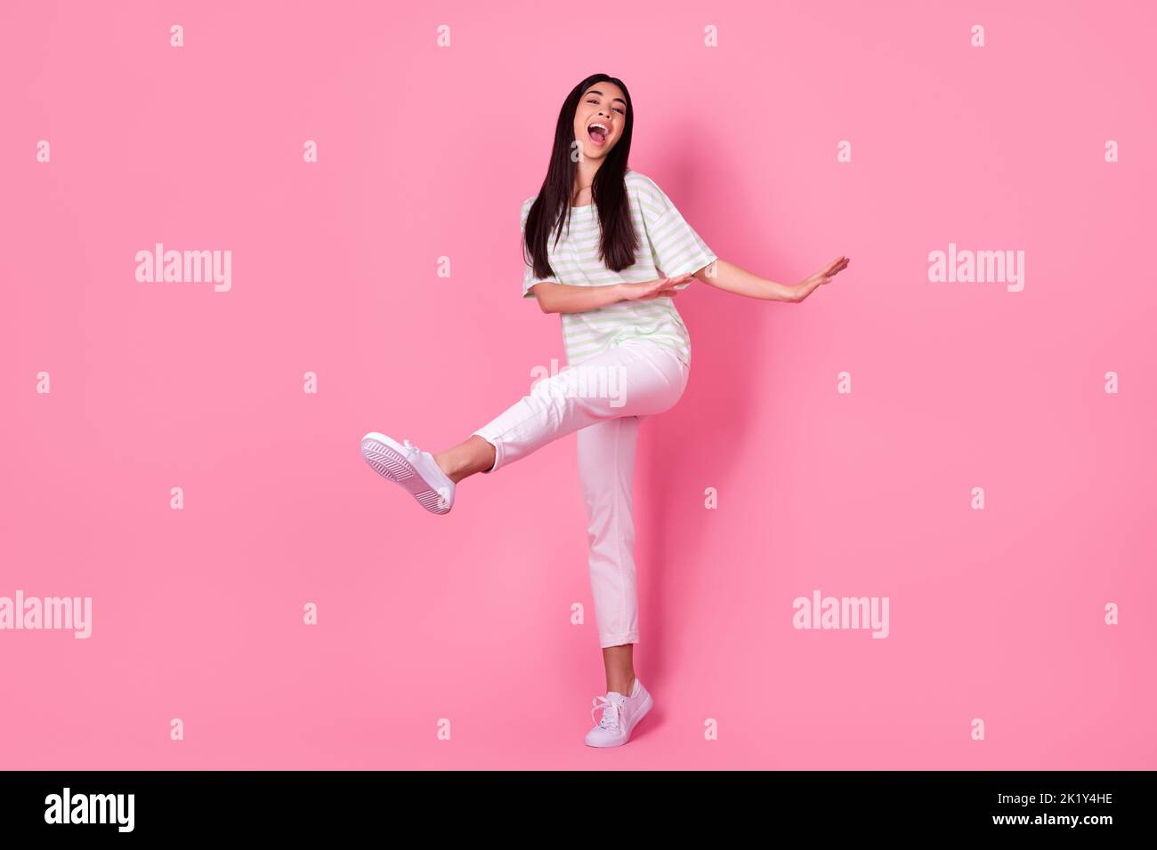 Full size photo of active lady dancing on spring festive disco ...