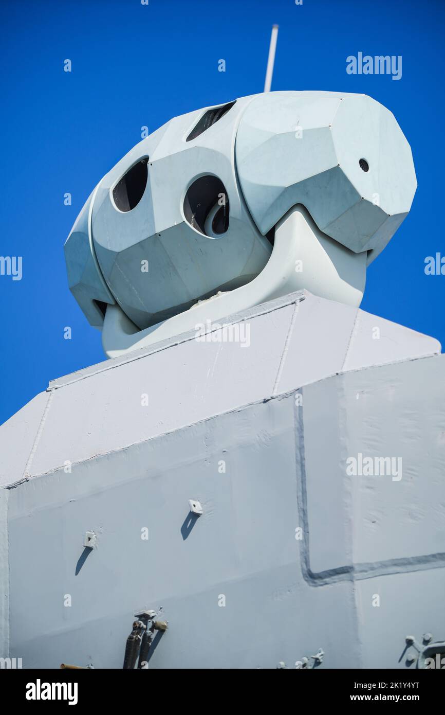 Image of a military radar air surveillance on navy ship tower Stock ...