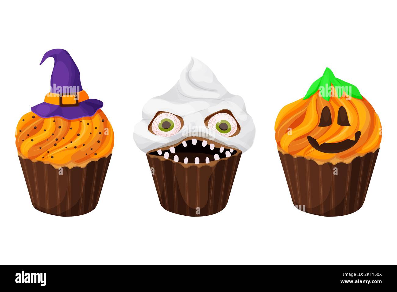 Set Cupcake Halloween monster dessert with scary face, teeth, eyes ...